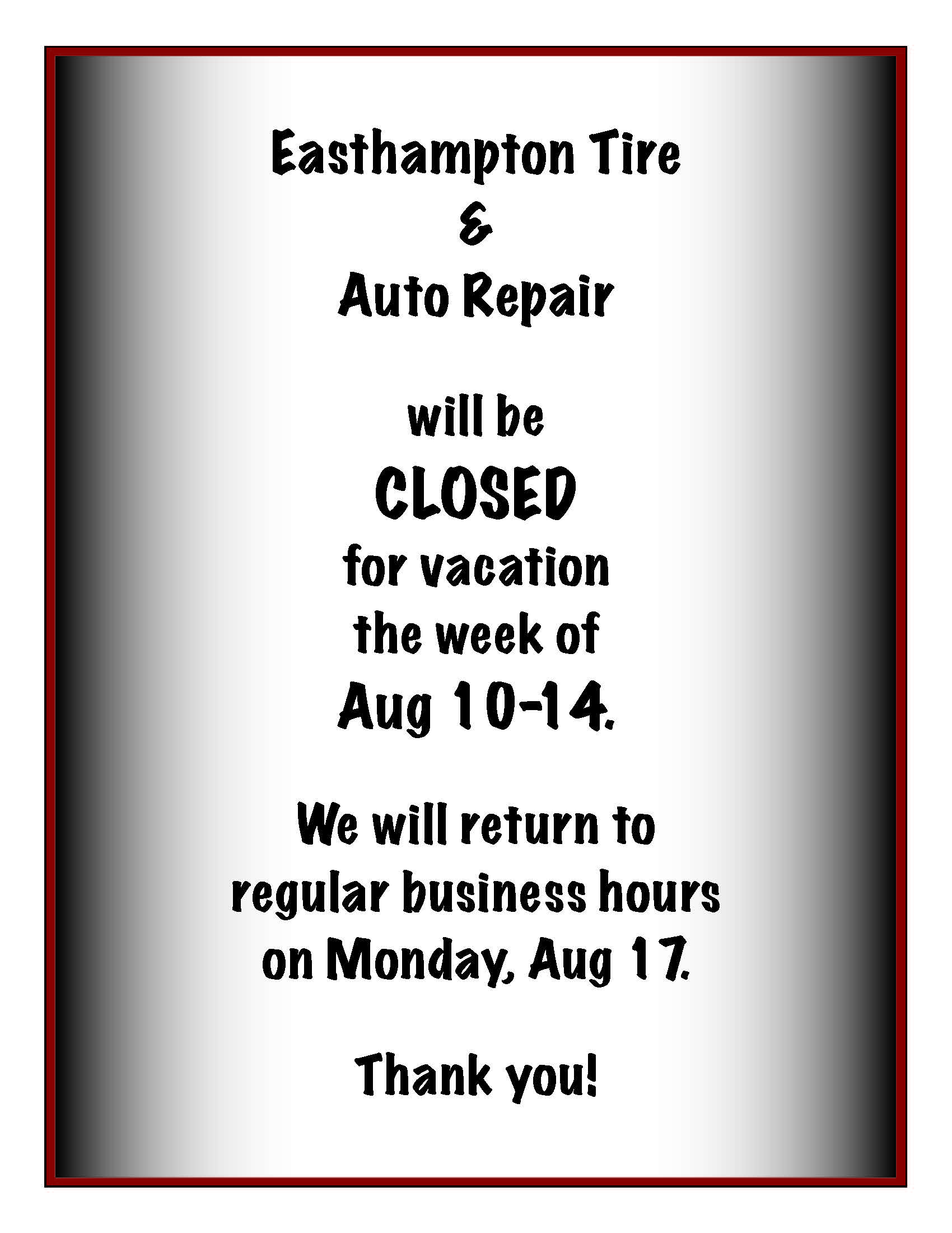 Aug 2020 Vacation – Easthampton Tire & Auto Repair